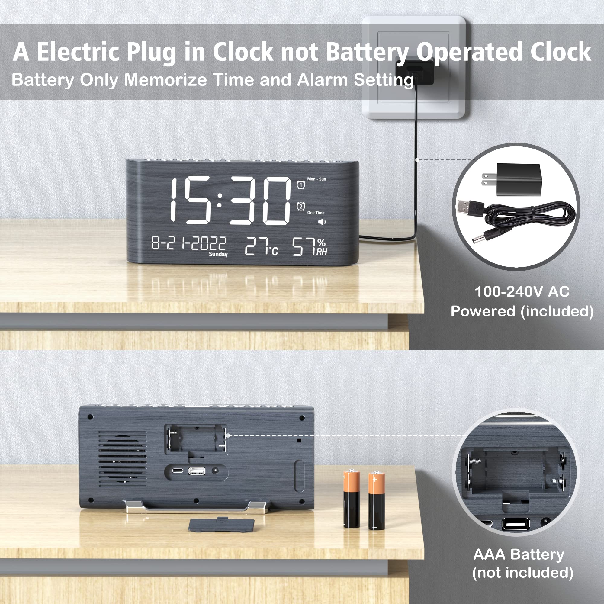 Digital Wooden Alarm Clock with Dual Alarm,Weekday/Weekend Mode,Adjustable Volume,Humidity & Temperature Detect,2-100% Dimmer,12/24H,Snooze,2 USB Chargers,Battery Backup, Loud Alarm Clock for Bedroom