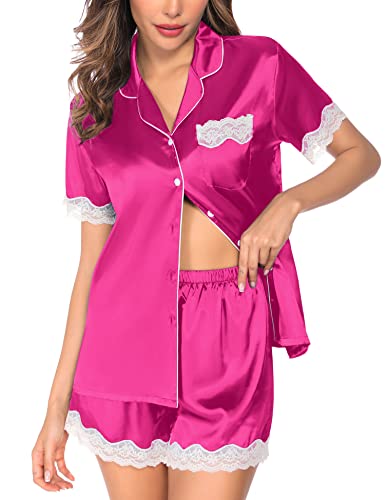 SWOMOG Women's Silk Lace Pajama Sets Satin Button Down Pjs Lace Shorts 2 Pcs Sleepwear Bridal Party Lounge Set with Pockets Red Rose