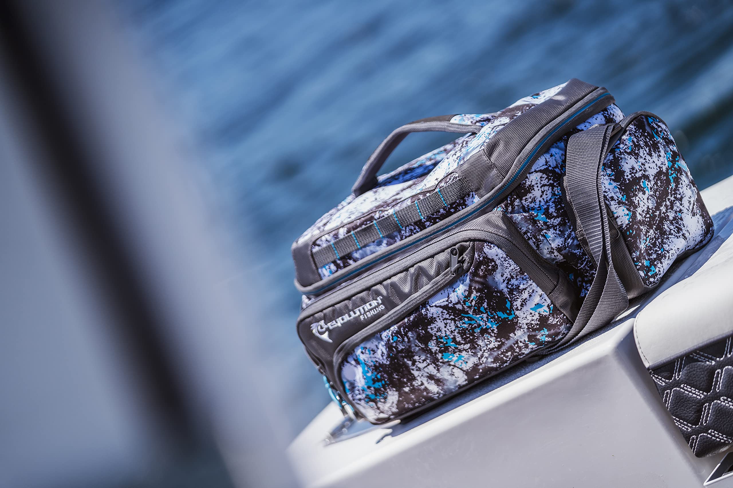 Evolution Fishing Largemouth 3700 Tackle Bag - 19" in, Water Camouflage, Outdoor Carry Bag w/ 3 Fishing Trays, Plier Holster, Tackle Box Storageā¦