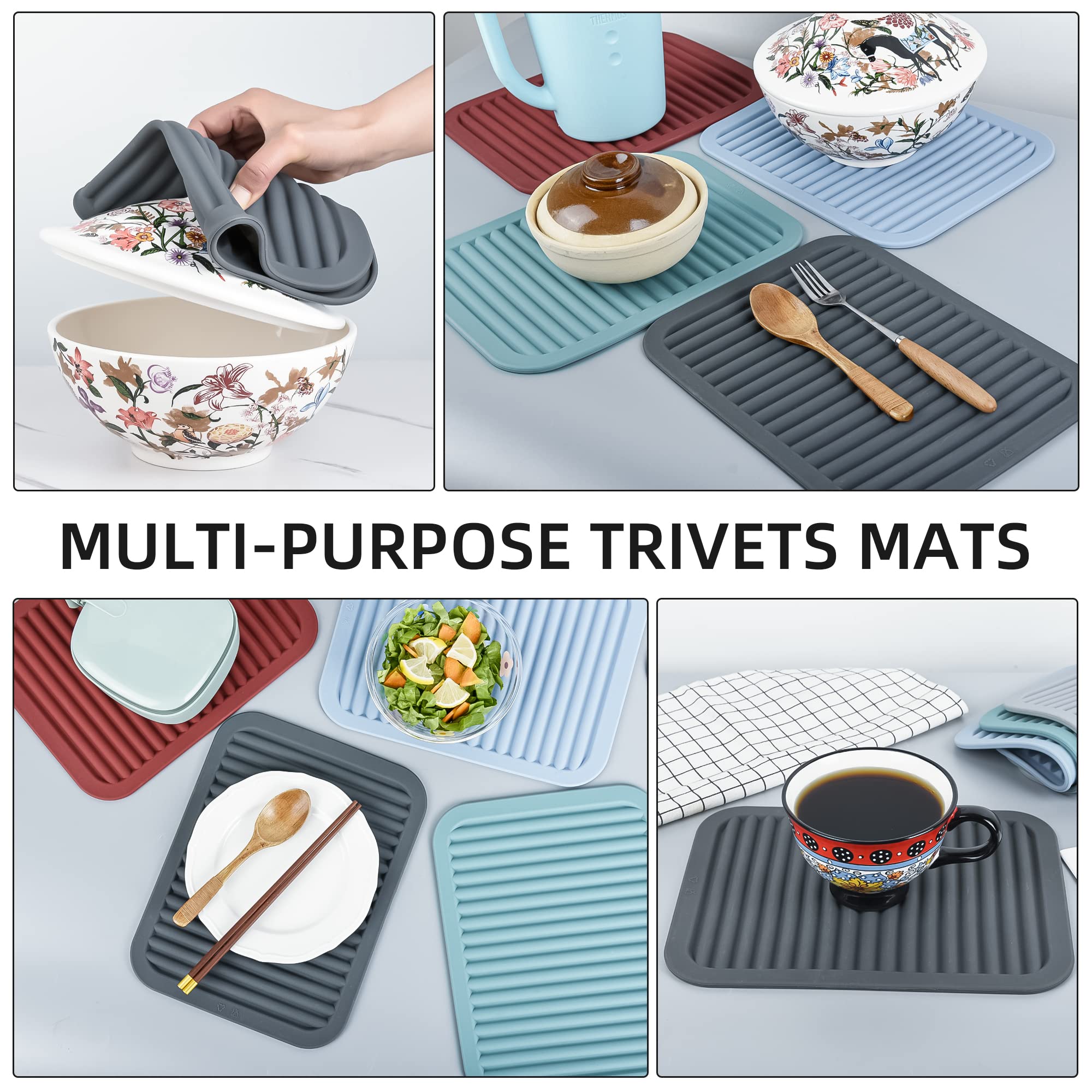 IFFMYJB Silicone Trivets Mats, Silicone Hot Pads for Pot Holder, Square Trivets for Hot Dishes, Pots and Pans, Multi Purpose Hot Pads for Kitchen Counter, Non Slip Heat Resistant Mats Set 4 Blue