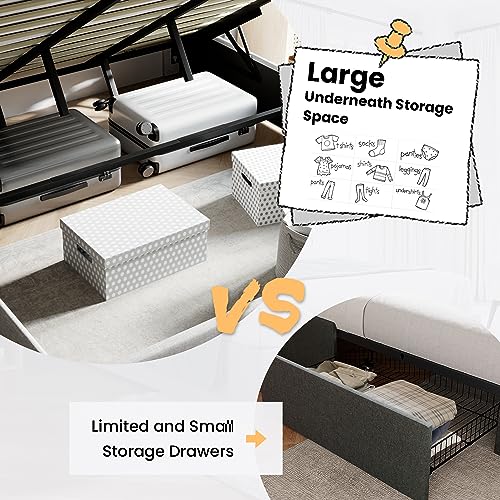 SHA CERLIN Queen Size Lift Up Storage Bed/Button Tufted Wingback Headboard/Hydraulic Storage/Upholstered Platform Bed Frame/No Box Spring Needed/Wood Slats Support/Light Beige