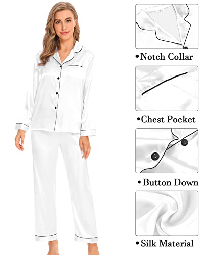 SWOMOG Womens Silk Satin Pajamas Set Three-piece Pj Sets Sleepwear Loungewear Button-Down Pj Sets White