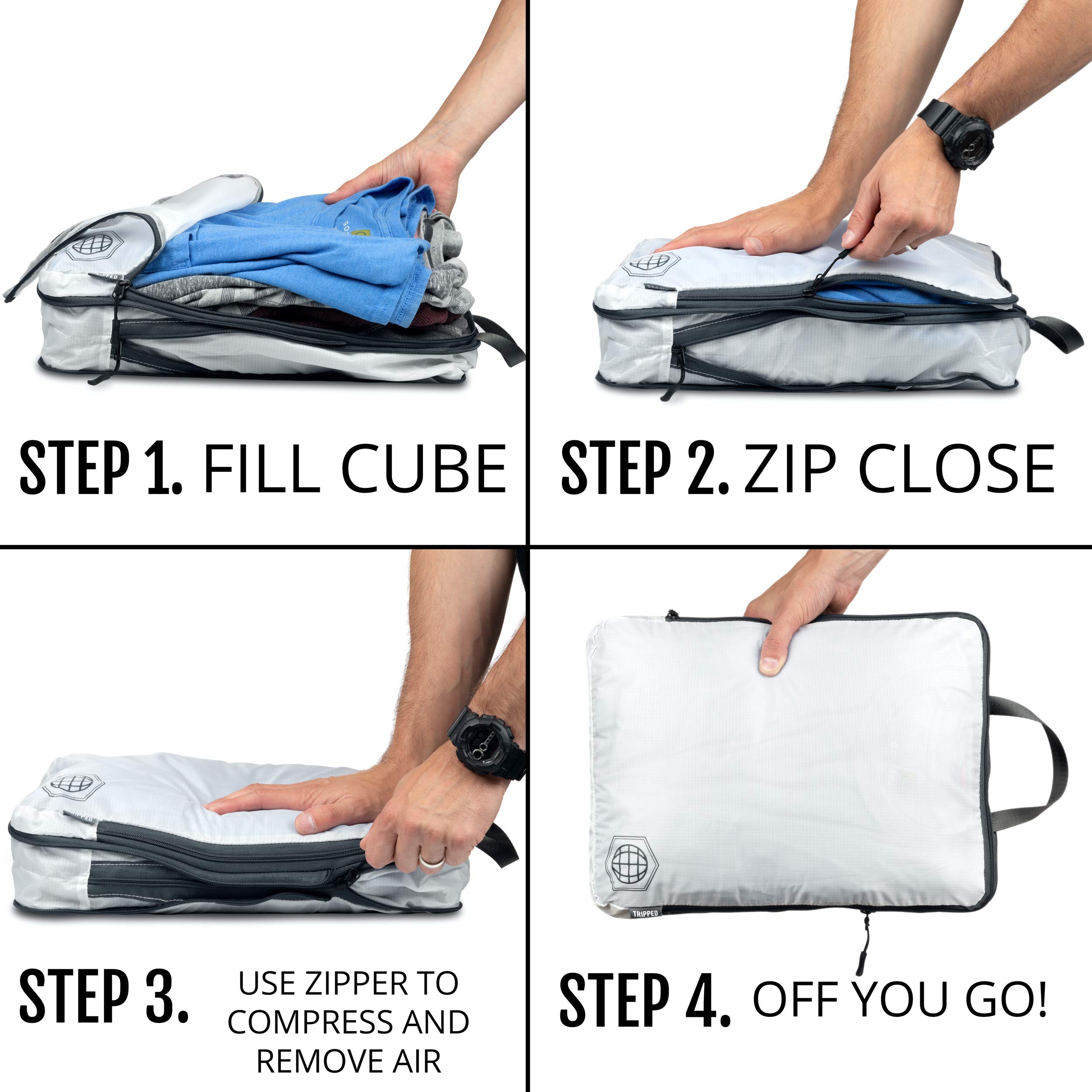 Extra Large Compression Packing Cube 6 Piece Set for Travel and Check Luggage (White/Grey)