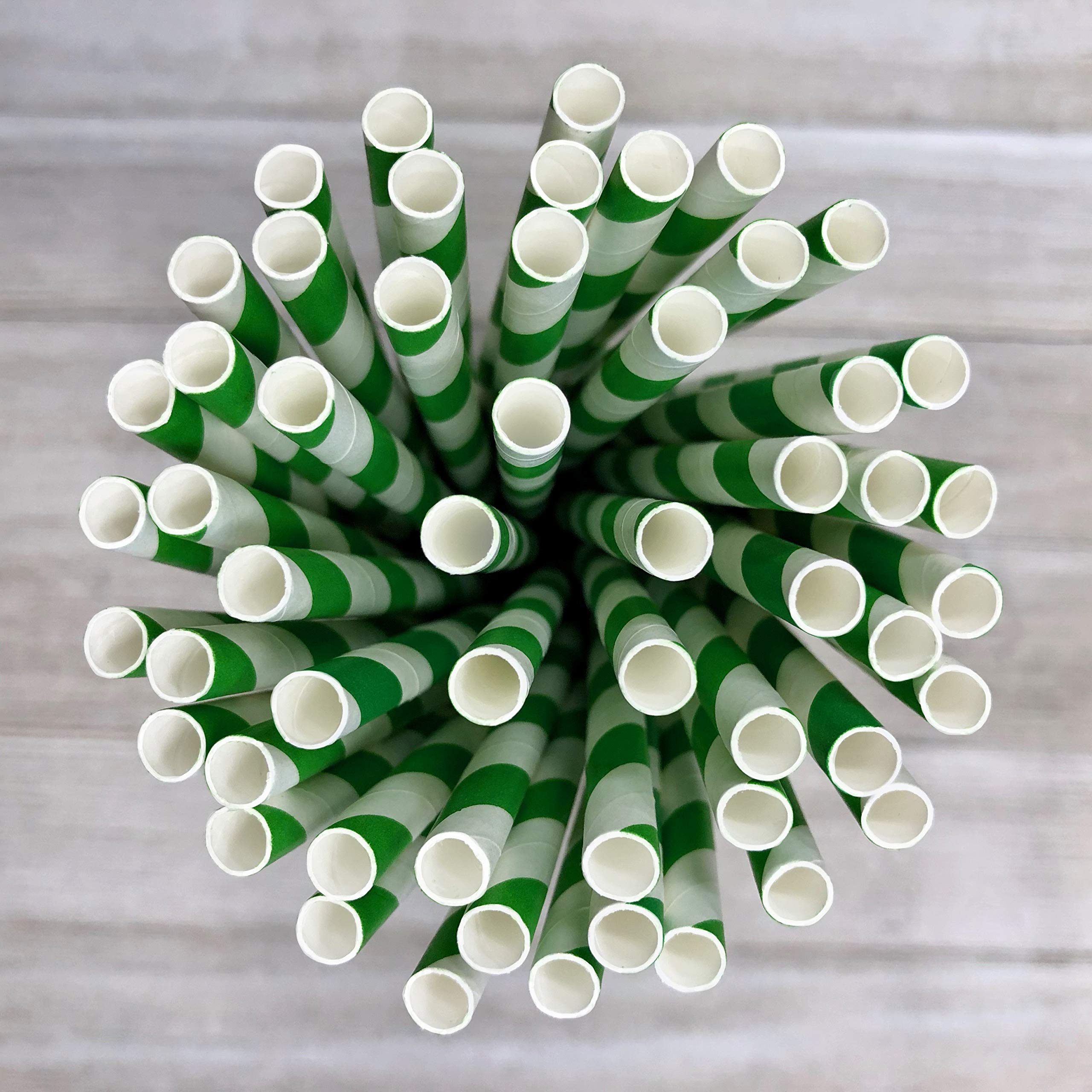 Green Striped Paper Straws - Green White Stripe - Christmas St Patrick's Birthday Supply - 7.75 Inches - 50 Pack