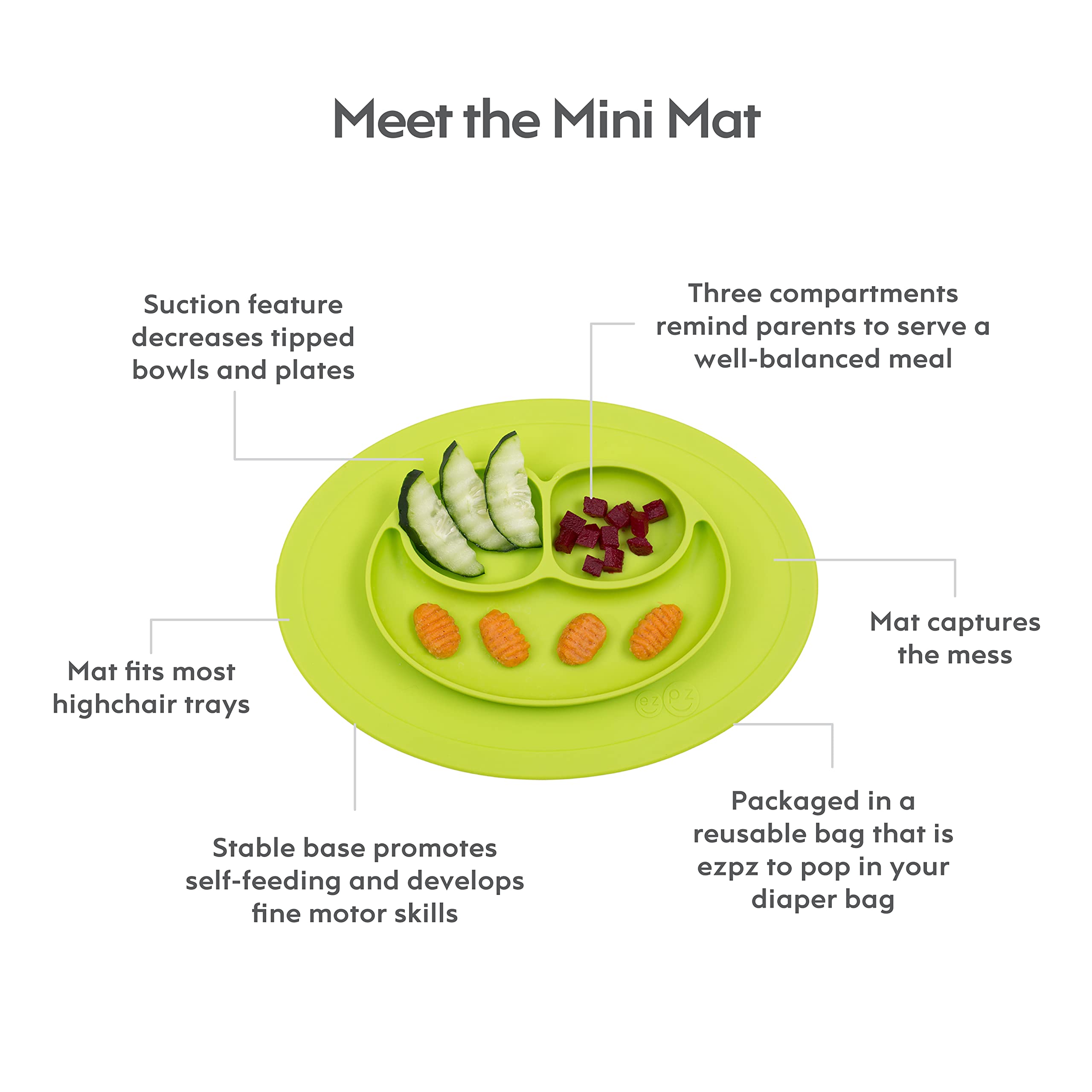 ezpz Mini Collection Set (Lime) - 100% Silicone Cup + Straw, Fork, Spoon & Mini Mat Suction Plate with Built-in Placemat for Infants + Toddlers - First Foods + Self-Feeding - 12 Months+