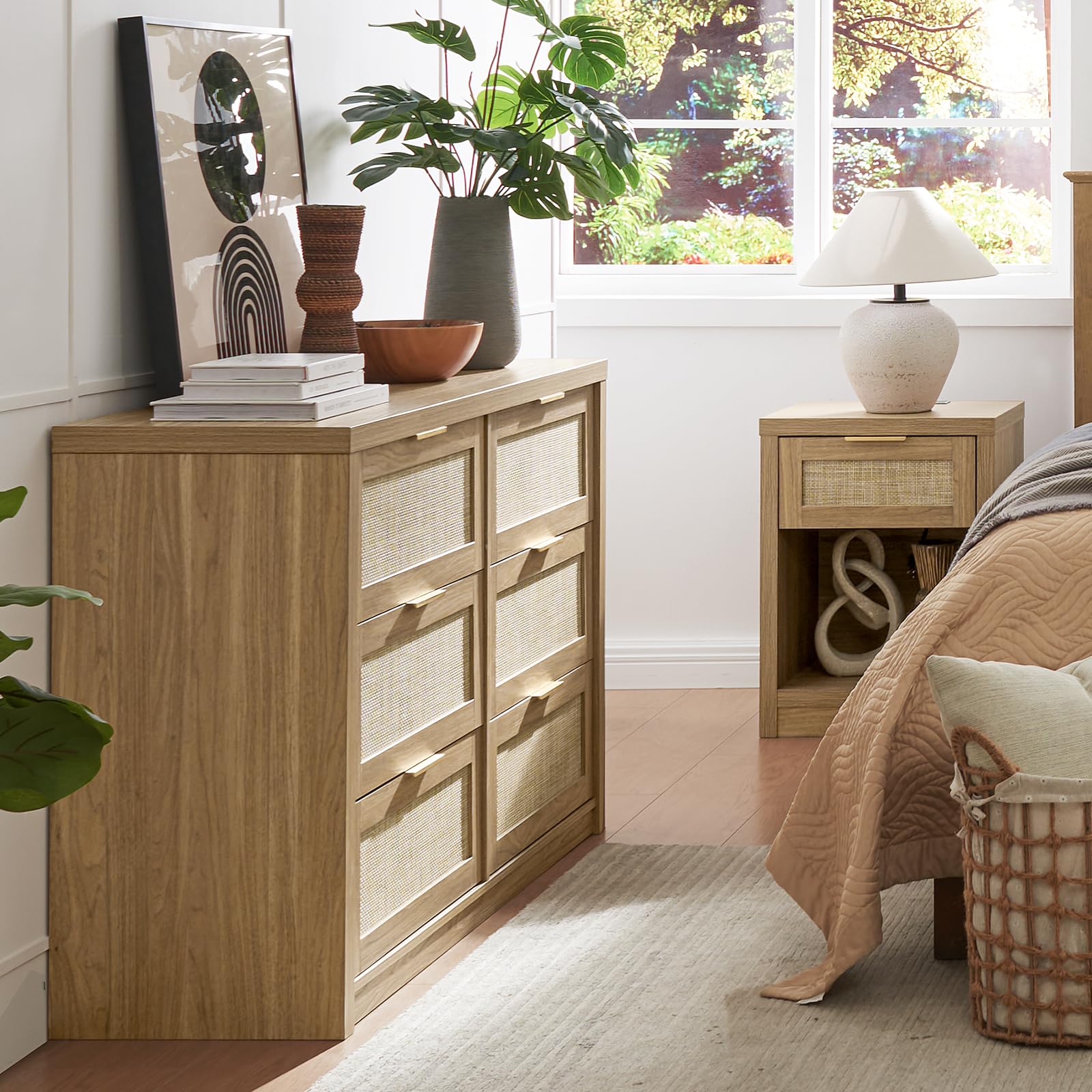 OAKHAM HOME Nightstand Set of 2, Rattan Night Stand with Type-C Charging Station, Bedside Table with Drawer, Boho Bed Side Table End Table Accent Table for Bedroom Living Room (Weathered Oak)