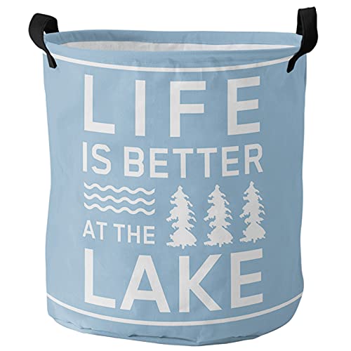 Laundry Basket Summer LIFE IS BETTER AT THE LAKE Blue Background Hampers for Laundry Room/Dorm/Nursery Collapsible Clothes Hamper with Handle Waterproof Storage Baskets for Bedroom/Bathroom 16.5x17in