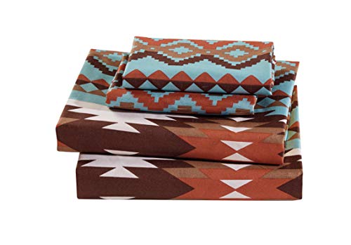 Rugs 4 Less Rustic Southwestern Western Bedsheets Set with Navajo Tribal Native American Patterns in Turquoise Blue and Brown – Utah Bed Sheet Set (King, Turquoise)