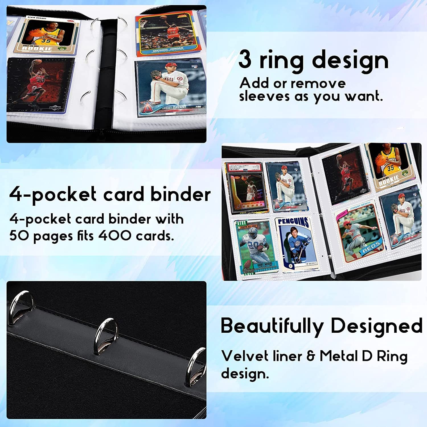 IDJWVU Large Capacity Card Binder with 50 Transparent Removable Sleeves, Multi-Protection, Water-Resistant PU Leather Exterior, Suitable for Standard Cards, Ideal Gift for Kids