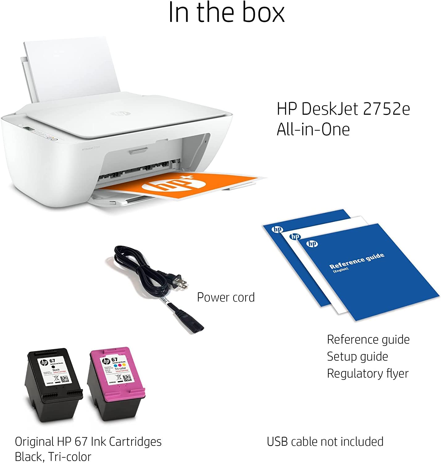 HP DeskJet 2752e Wireless All-in-One Color Inkjet Printer for Home Office, White - Print Scan Copy - Icon LCD Display, 1200 x 1200 dpi, WiFi, Bluetooth, USB, Cbmou Printer Cable (Renewed)