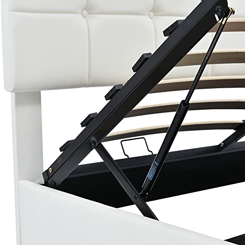 Full Size Lift Up Storage Bed/with Storage and LED Light Button Tufted Wingback adjustable headboard and USB Charger, Hydraulic Storage System for Kids Teens and Adults, No Box Spring Needed (White)