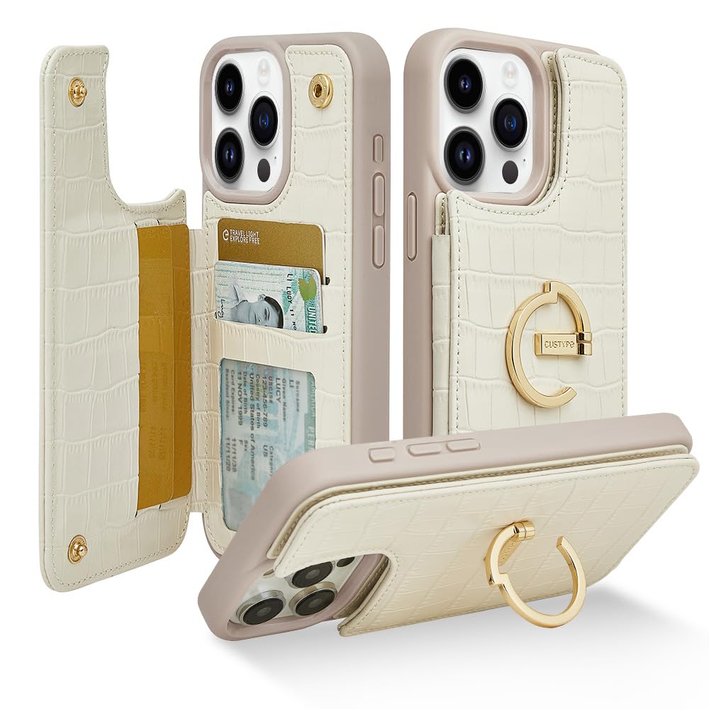 CUSTYPE for iPhone 15 Pro Wallet Case with Card Holder,Leather Case with Ring Holder Kickstand,Snap Button Card Slots Case for Women Men for iPhone 15 Pro 6.1"-Beige