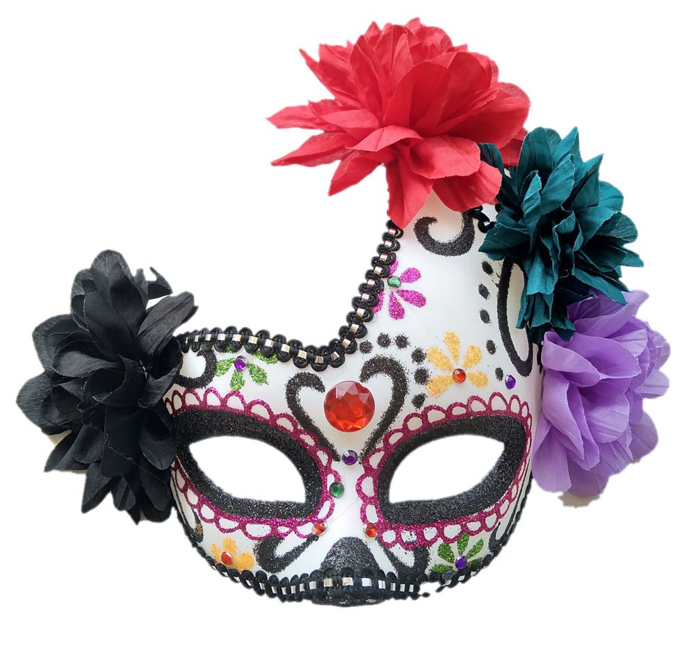 Coolwife Women's Masquerade Mask Mexican Day of The Dead Sugar Skull Eyemask Masque Fancy Dress (Purple/White/Black)