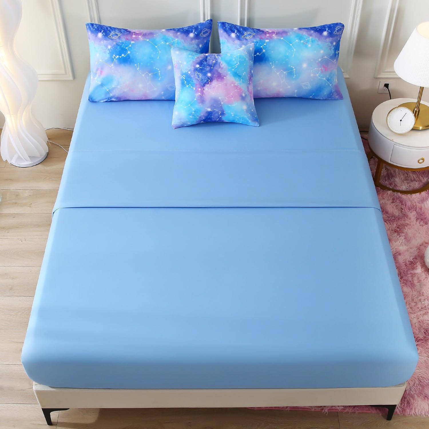 Keyroal Galaxy Constellation Print Comforter Set Twin Size Girls Gradient Bedding Set,6 Piece Bed in a Bag with Sheet Bedding Gift for Kids(Blue)
