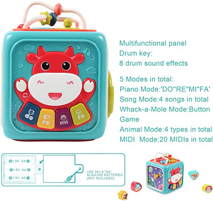 IDS Home Activity Cube Toys,6 in 1 Multi-Purpose Learning Cube with Music,Activity Center Shape Sorter Toy Gift for 18M+ Boy Girl Toddlers Kids, Christmas, Birthday Gift