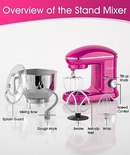 Facelle Stand Mixer, 660W 6 Speed Electric Kitchen Mixer with Pulse Button, Attachments include 6.5QT Bowl, Dishwasher Safe Beater,Dough Hook,Whisk & Splash Guard for Dough,Baking,Cakes,Cookie(Purple)