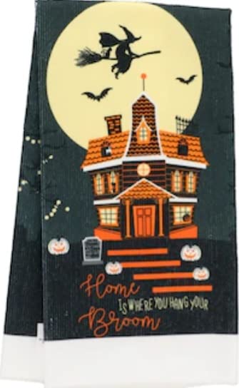 Greenbrier International Halloween 5 Piece Kitchen Linen Set Home is Where You Hang Your Broom, Orange, Black, Yellow, Printed