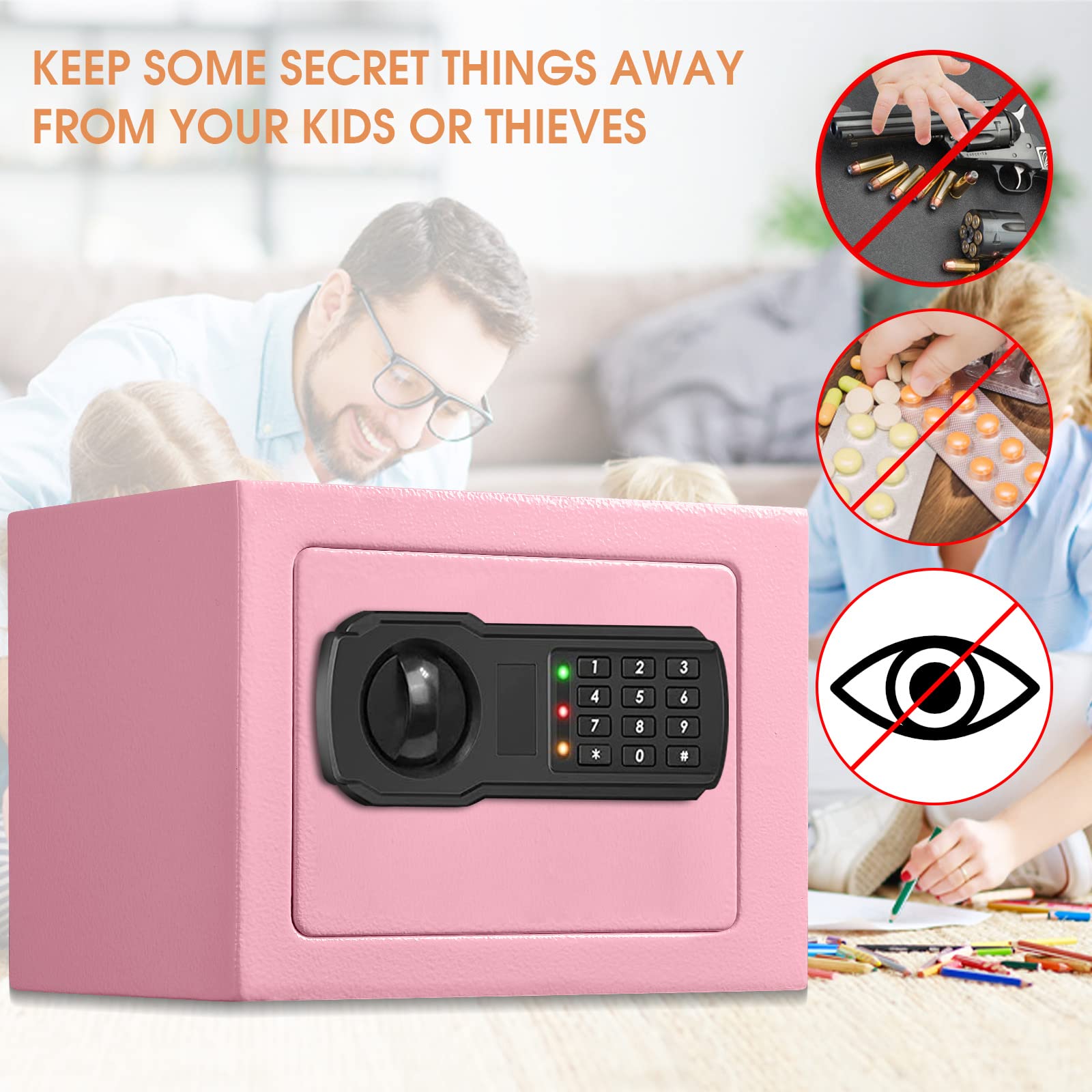 Fireproof Small Safe Box for Money, 0.23 Cu ft Mini Fireproof Safe with Combination Lock, Digital Safe for Kids Home Hotels Business (17sp-pink-1)