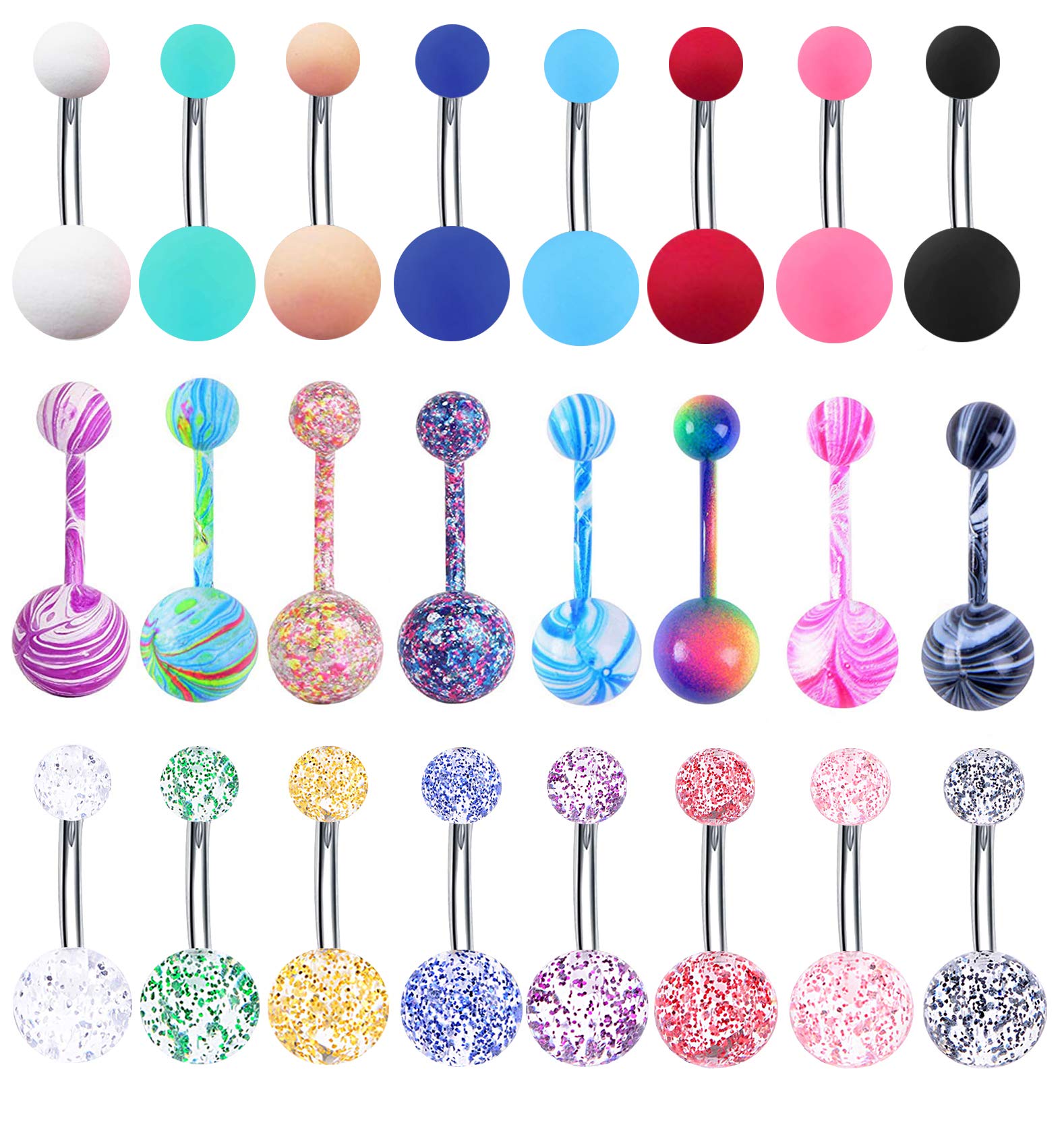 EVELICAL 24Pcs 14G Stainless Steel Belly Button Rings for Women Screw Navel Bars Body Piercing Jewelry Set Style 2