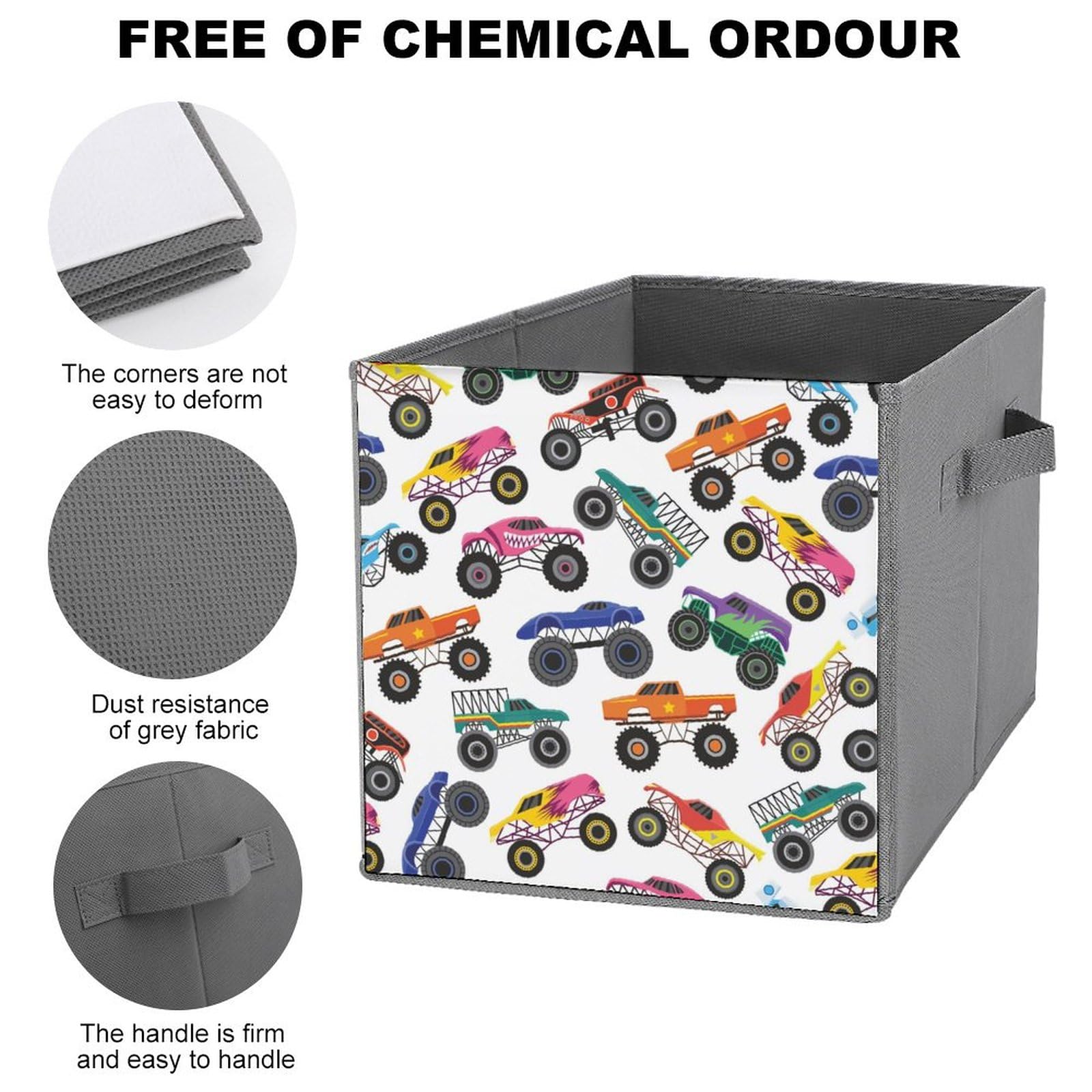 DamTma Storage Cubes Color Monster Trucks 11 Inch Cube Storage Bin with Handles Cartoon Car Fabric Collapsible Cube Baskets for Shelf Toys Clothing Books