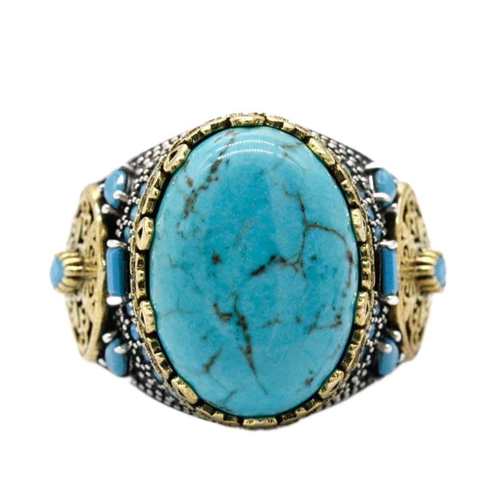 Dinuo Natural Turquoise Stone Ring 925 Sterling Silver Ring Unique Design Turkish Handmade Authentic Ring with Gemstone