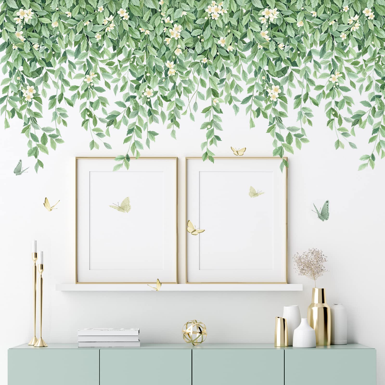 Green Leaves Wall Sticker Hanging Vine Wall Decals Watercolor Eucalyptus Leaf Wall Stickers Removable DIY Flowers Wall Decal for Living Room Bedroom