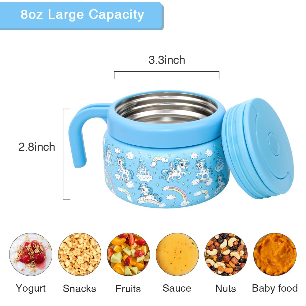 Morlike Hot Food Thermos Container for Kids Lunch Box, 8 oz Small Insulated Vacuum Stainless Steel Thermal Soup Containers with Leakproof Lid (Mint, Unicorn)