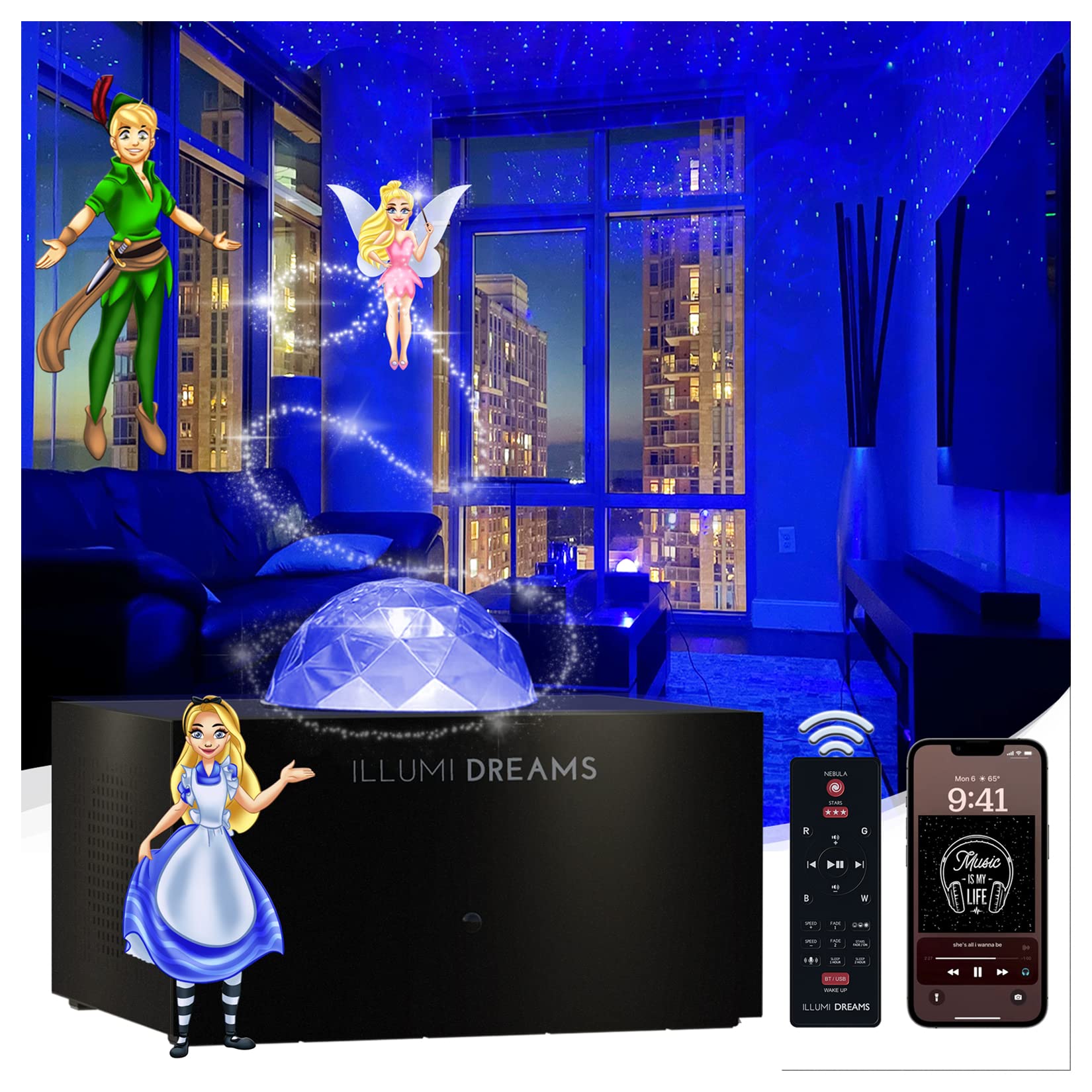 Illumi Dreams Star Projector, Galaxy Projector for Bedroom with Bedtime Stories, Ambient Sounds, & Classic Lullabies, Nursery Night Light for Kids & White Noise Bluetooth Speaker for Adults Children