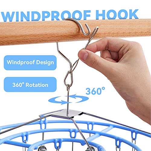 Funamily Clothes Drying Rack,Stainless Steel Laundry Drip Hanger with 24 Clips, Heavy Duty Round Swivel Windproof Hook Underwear Hanger for Drying Towel, Bras, Sock,Lingerie, Baby Clothes (Blue)