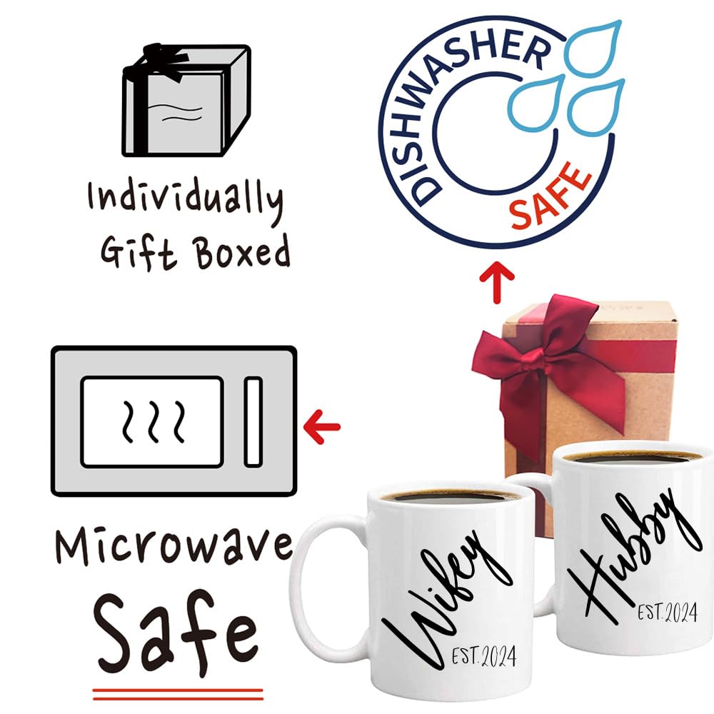 Est 2024 Gift for Husband & Wife Coffee Mug, 2024 Hubby Wifey Mug Wedding Gift, Mr and Mrs Bridal Shower Gift Unique Wedding Gift for Couple Set of 2 Mug (white)