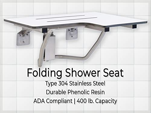 Folding Shower Seat - Wall Mount Bench for Inside Shower / ADA Bathroom Safety Assist / 304 Stainless Steel / Phenolic Resin / Left / 28" x 21"