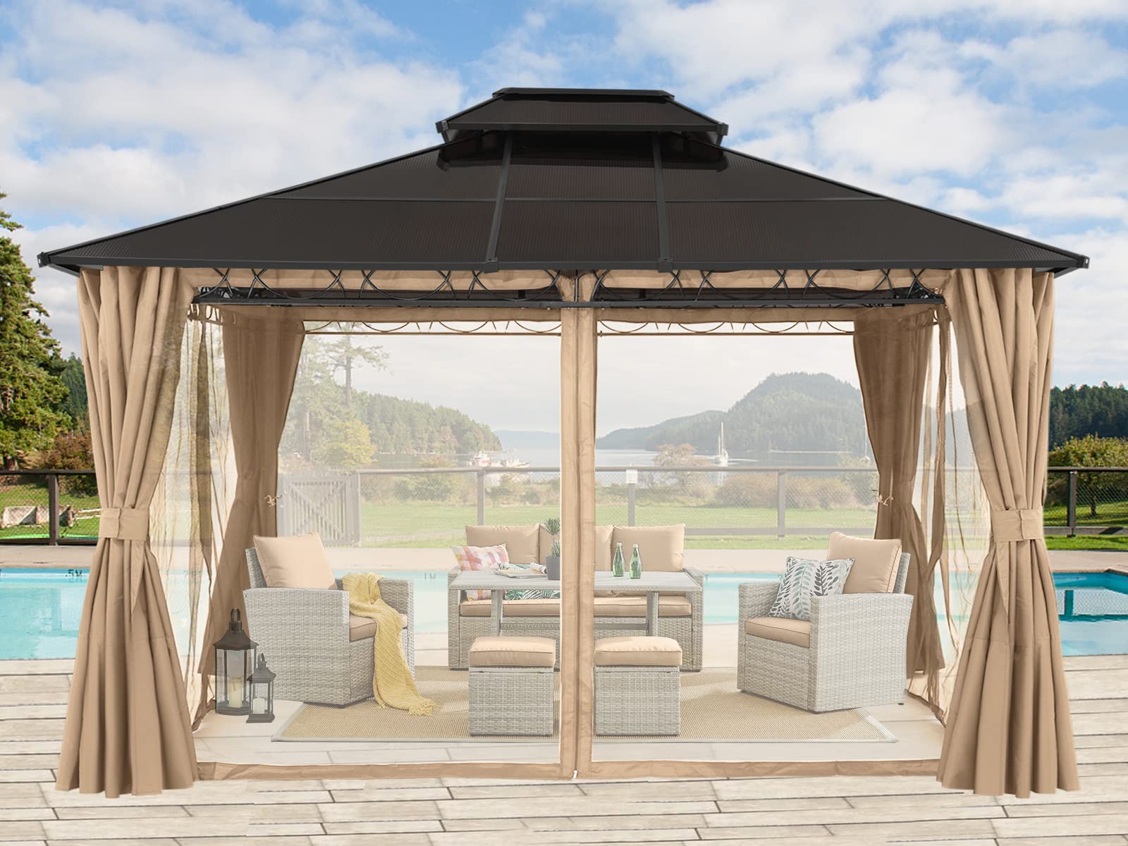 COOSHADE 10×10 Polycarbonate Roof Patio Gazebos Double Vent Waterproof Outdoor Gazebo with Curtains and Mosquito Netting (Khaki)