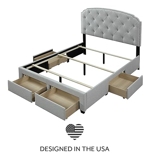 DG Casa Argo Upholstered Panel Bed Frame with Storage Drawers and Diamond Button Tufted Nailhead Trim Headboard, King Size in Platinum Fabric
