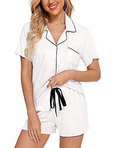 Samring Pajamas for Women Sleepwear Womens Shorts Button Down Cotton Nightwear Set PJS for Women White L