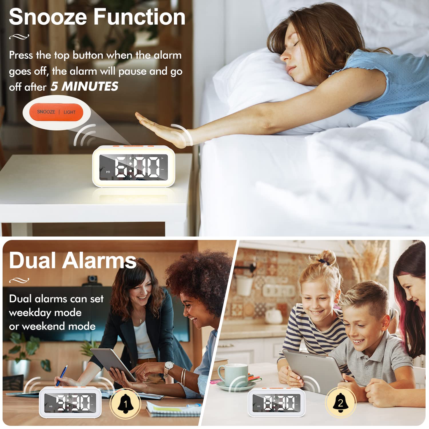 Digital Alarm Clock for Bedrooms, Digital Clock with Night Light 0-100% Adjustable Brightness Mirror LED Sound Activation Power-Off Memory 12/24Hr Snooze USB Port for Kids Bedside Home Office (White)