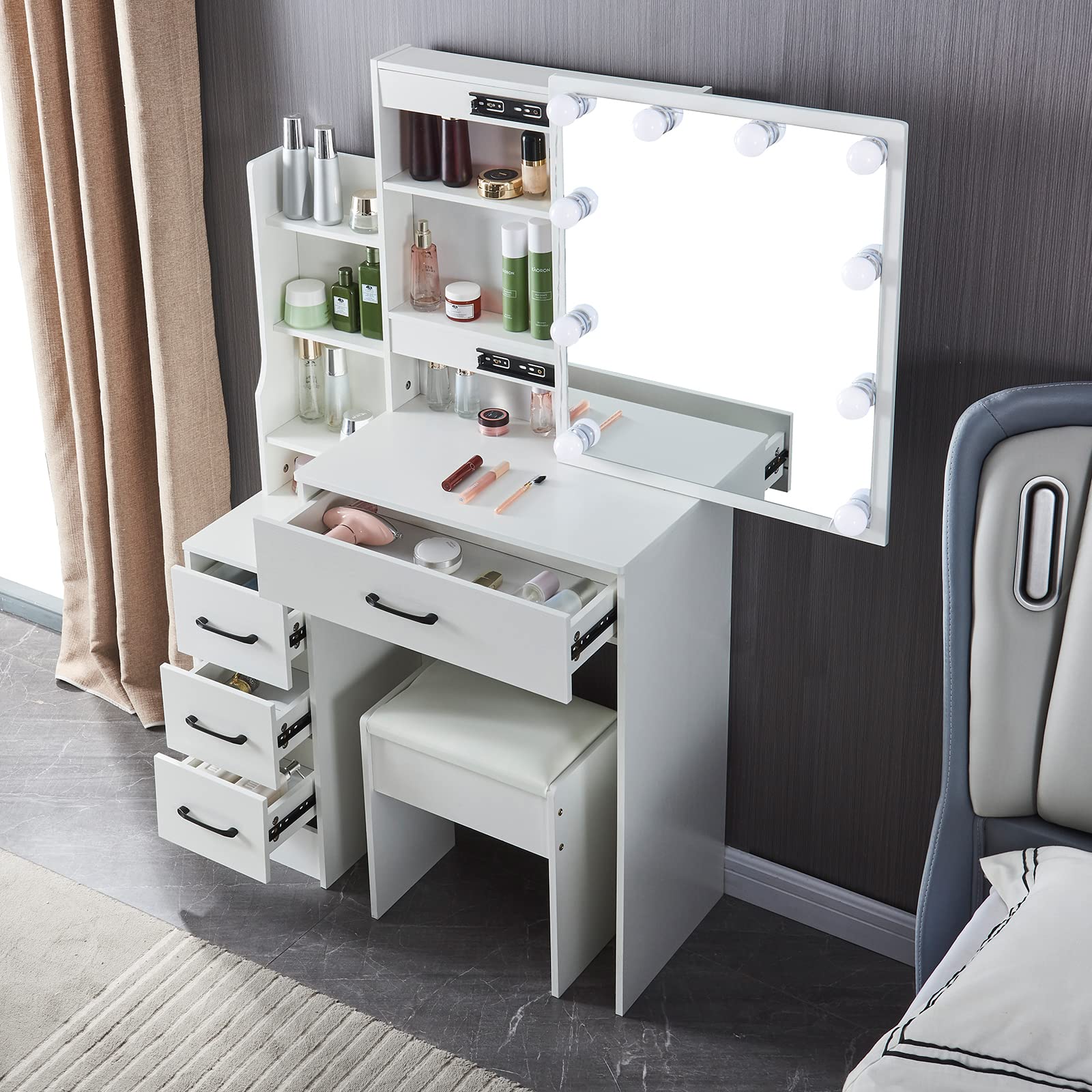 Dradaomull Makeup Vanity with Lights, Modern Vanity Desk with Chair, 4 Large Drawers Dresser with Sliding Mirror, 3 Lighting Modes and Brightness Adjustable for Bedroom White