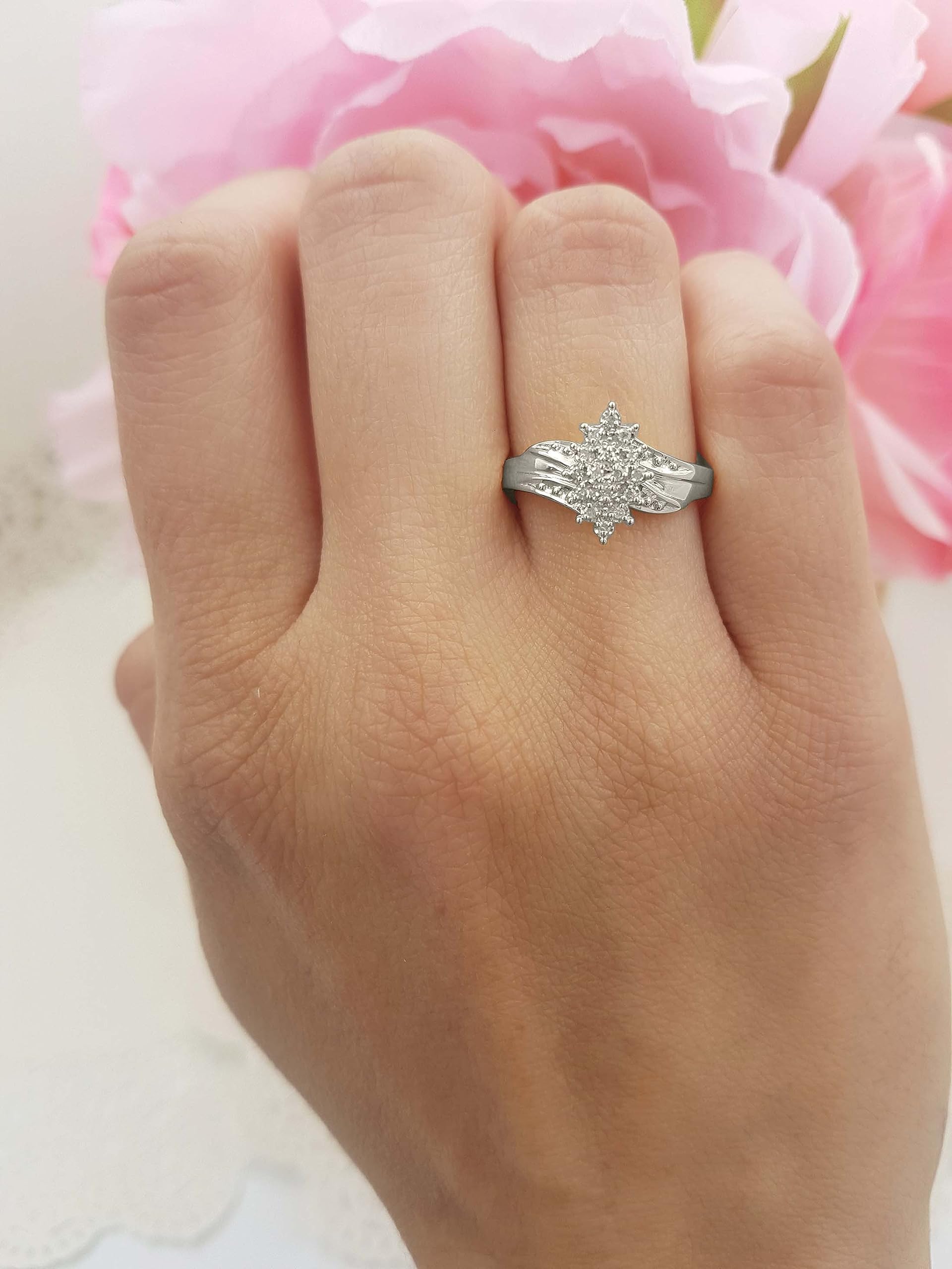 Dazzlingrock Collection 0.10 Carat (ctw) 10K Round White Diamond Ladies Cluster Flower Ring 1/10 CT, White Gold, Size 8.5