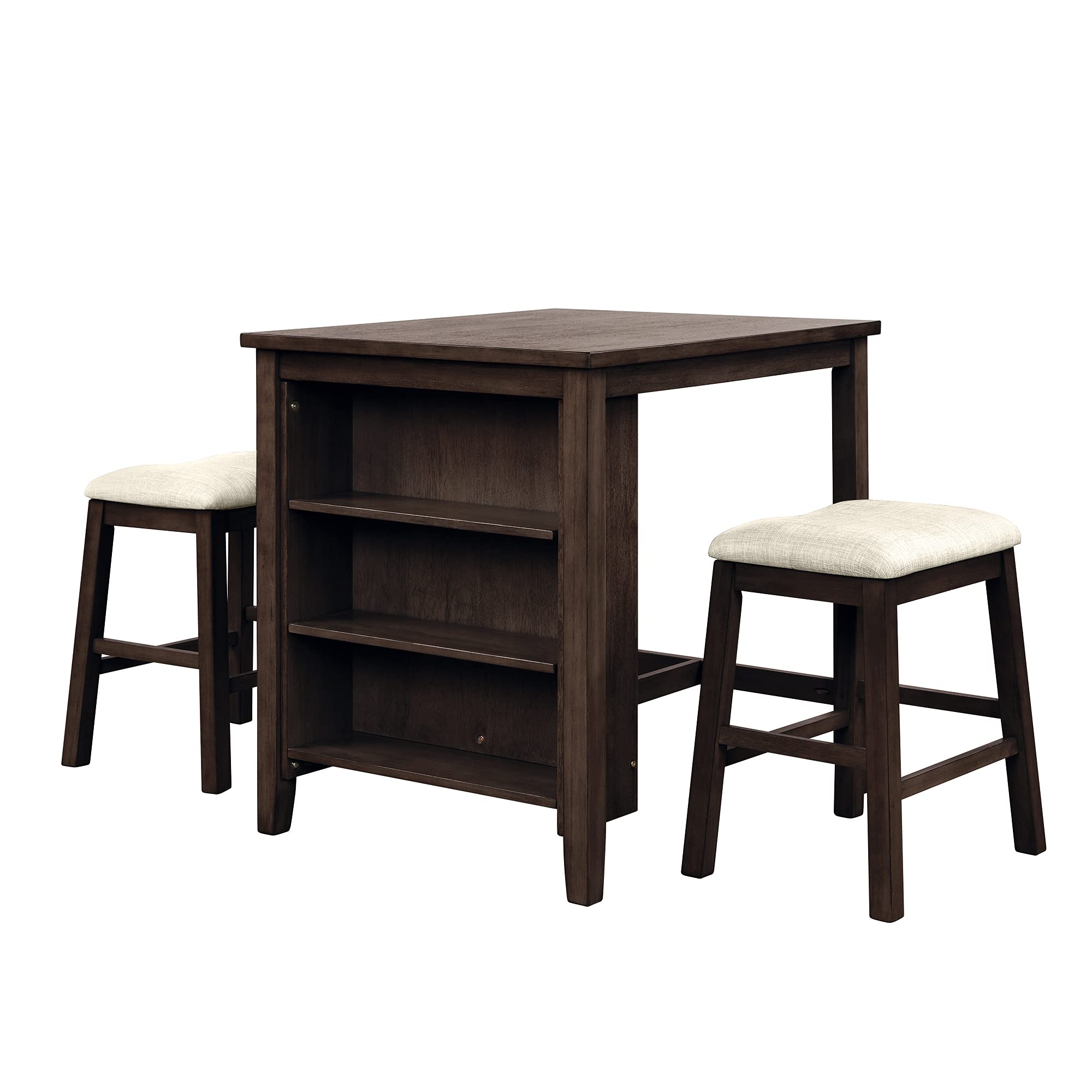 Dinehome 3-Piece Counter Height Dining Table Set with Padded Bar Stools & Storage Shelf for Kitchen Living Room, Brown