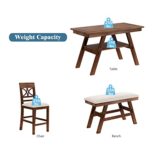 Dinehome 6-Piece Wood Counter Height Dining Storage Shelf, Kitchen Table Set with Bench and 4 Chairs,Rustic Style, Walnut+Beige Cushion, 60" x 30"