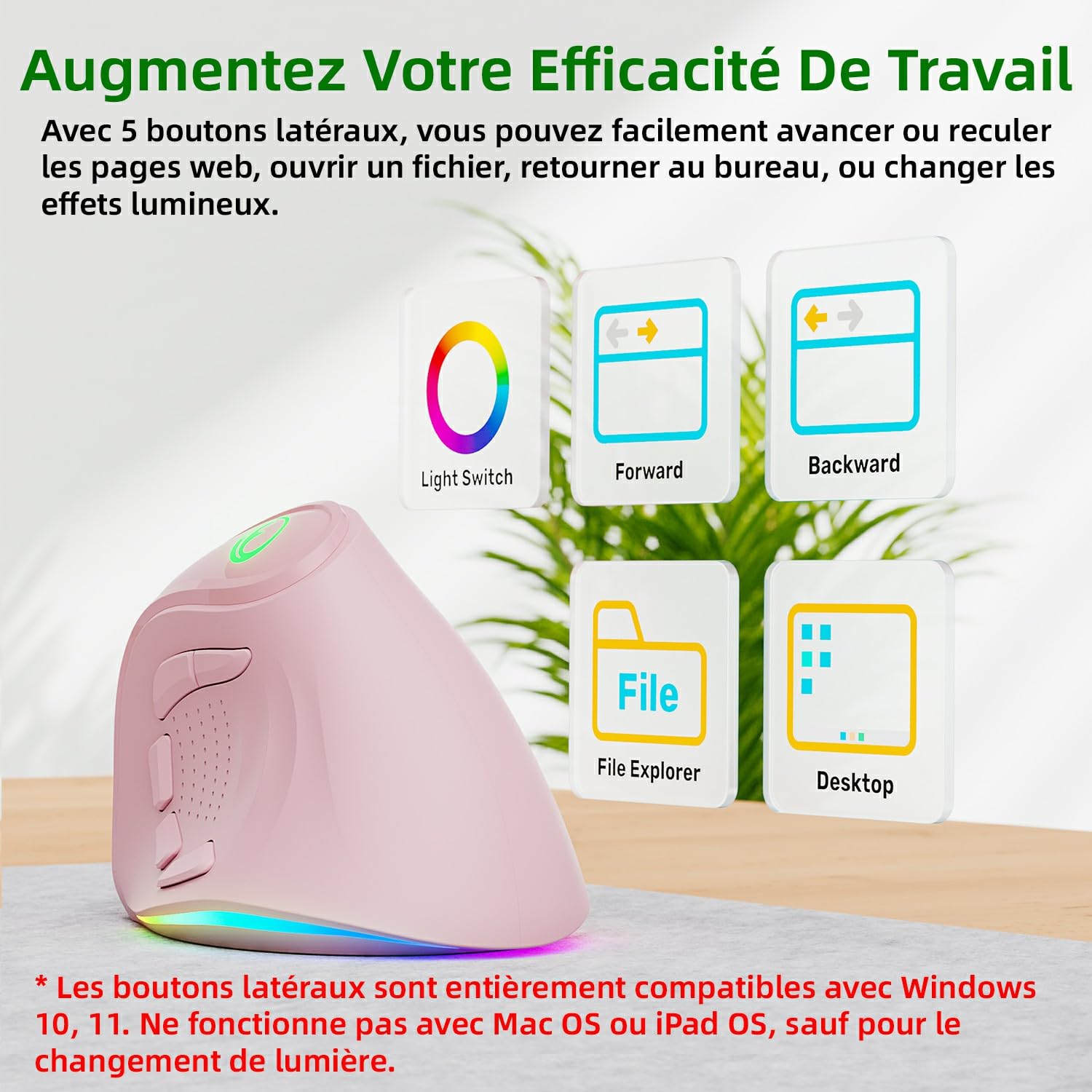 IFYOO 2.4G and BT 5.1 Dual Mode RGB Rechargeable Wireless Vertical Ergonomic Mouse, 5 Side Buttons, Max 4000 DPI, for PC Computer Notebook Laptop, for Windows 11 10, Mac iPad OS, Android - Pink