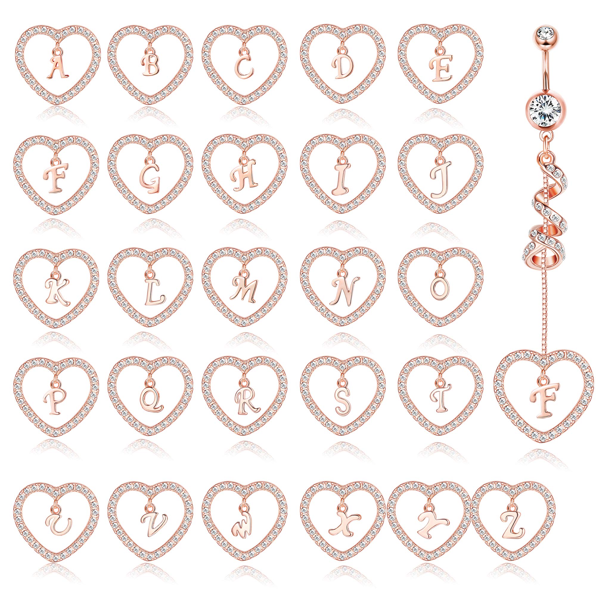 Drperfect 14G Belly Button Ring Dangle with Initials J for Women Rose Gold Plated Navel Ring 316L Stainless Steel Heart Pendant Belly Piercing Jewelry
