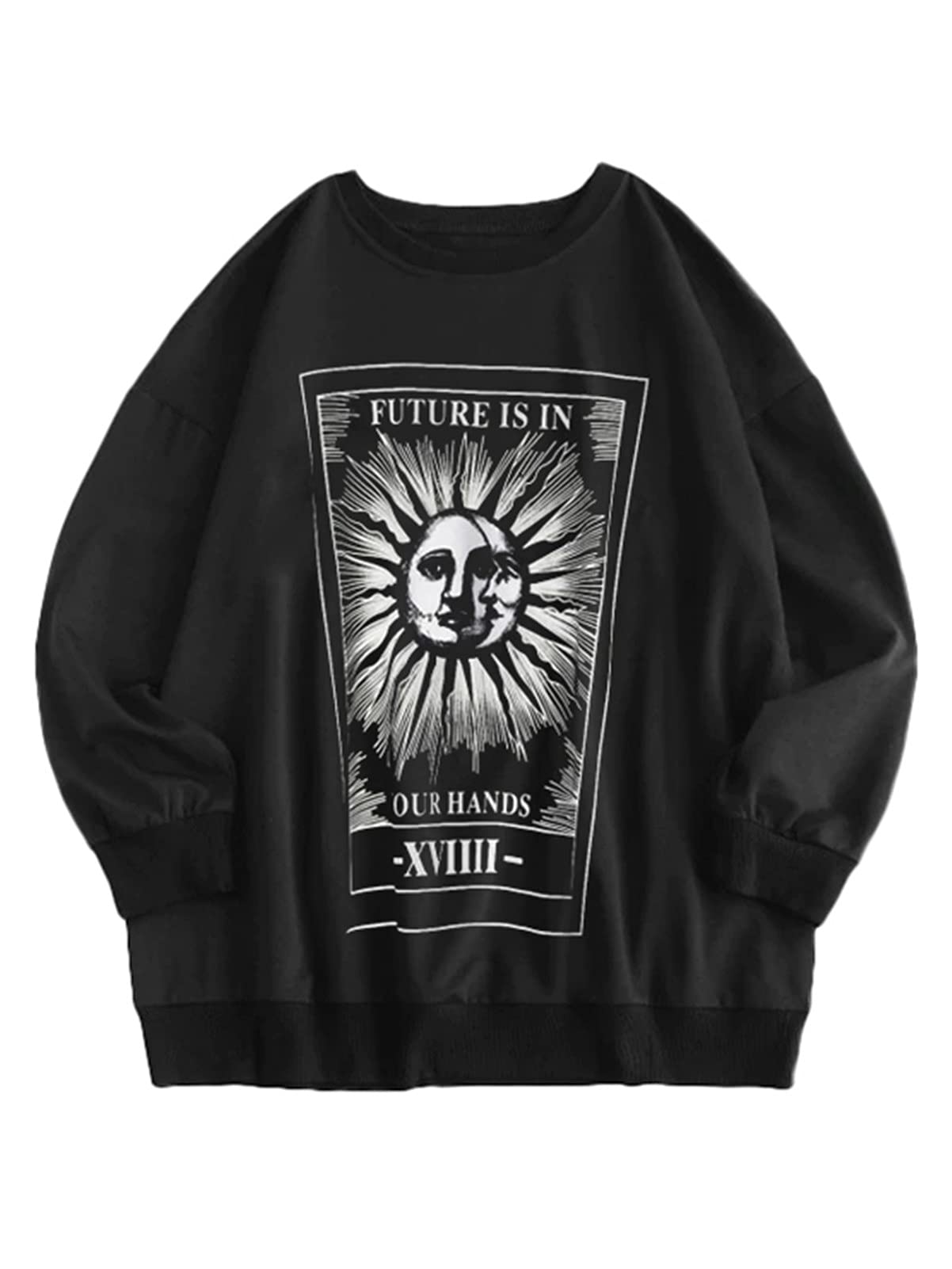 Fenxxxl Oversized Drop Shoulder Pullover Tops Sweatshirts for Women Long Sleeve Loose Fit Graphic Tops F501-512-Black L