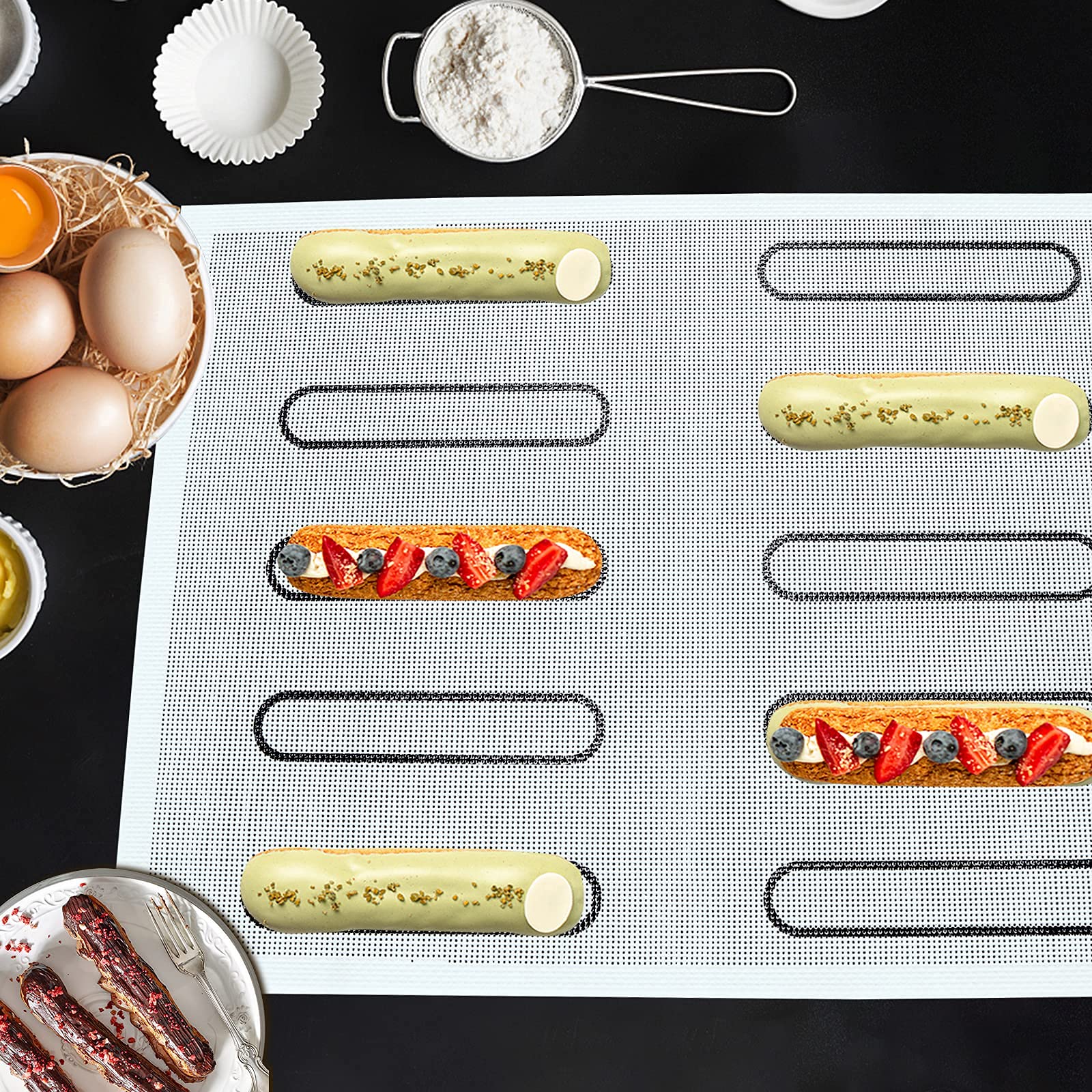 Firsmat 2 Pk Perforated Eclair Mesh Mat Silicone baking mats for Bread Tartlets Cookies Oven Sheets (11-4/5" x 15-3/4")