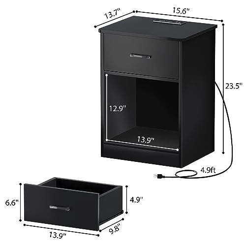 SUPERJARE L Shaped Gaming Desk with Power Outlets & LED Lights and Nightstands Set of 2 with Charging Station & LED Light Strips, Black