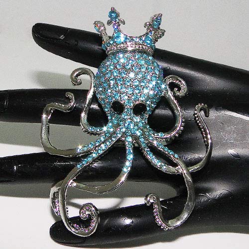 EVER FAITH Austrian Crystal Cute Crown King Octopus Adjustable Ring Bejeweled with Blue Silver-Tone