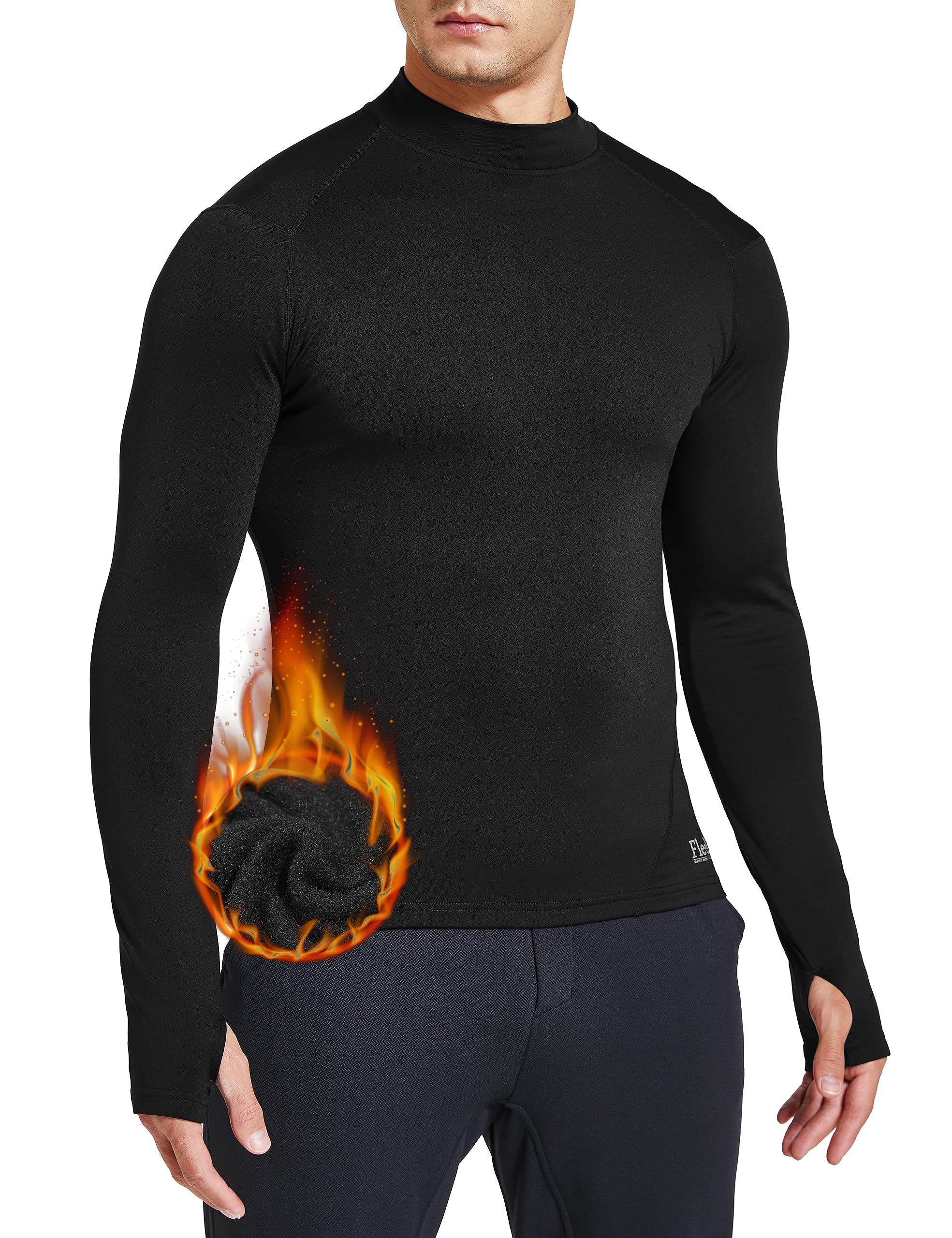 FitsT4 Sports Men's Thermal Fleece Lined Mock Neck Baselayer Tops Long Sleeve Running Athletic Shirt with Thumbholes Black L