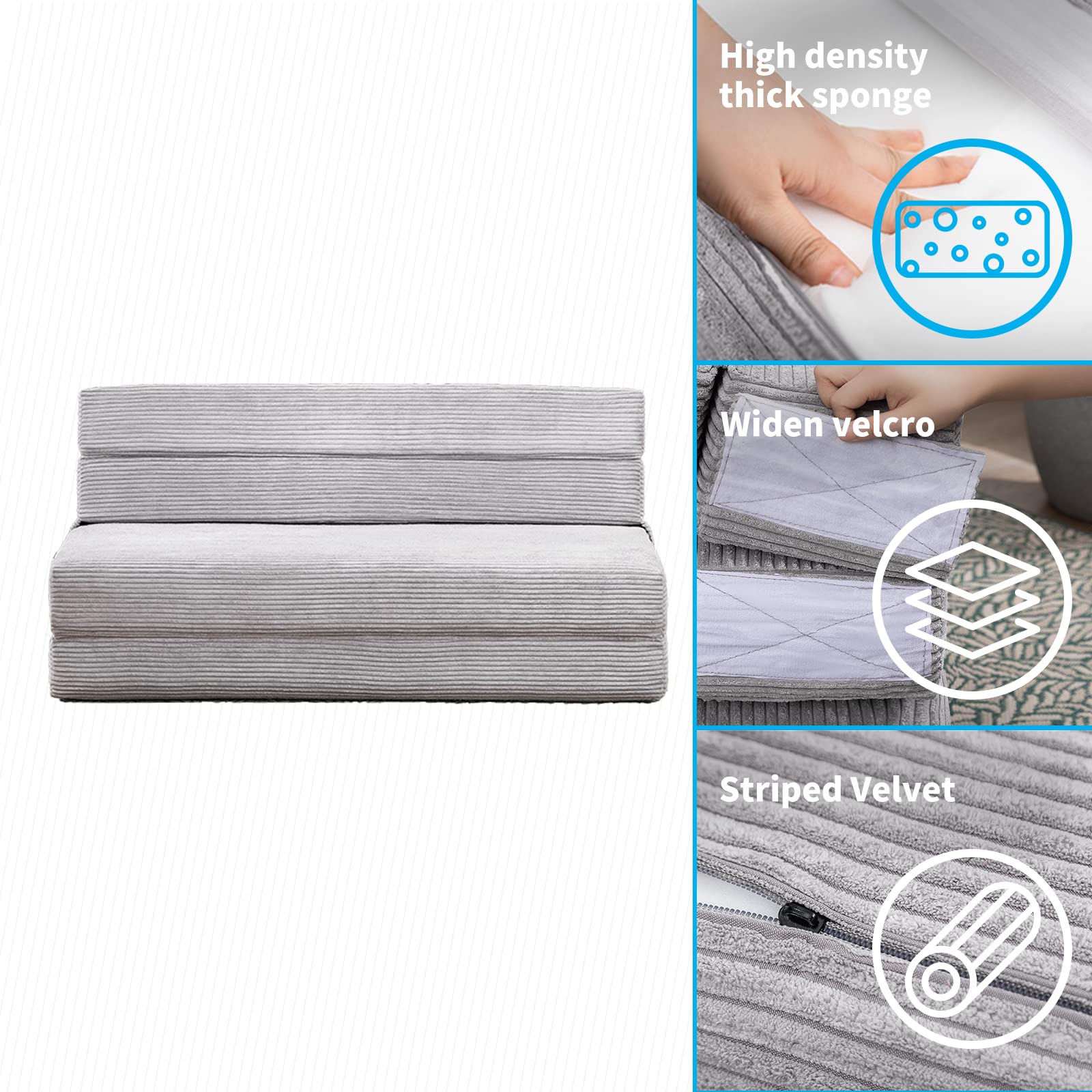 Mjkone Convertible Futon Sofa Bed, Floor Sofa Couch with Memory Foam, 3 in 1 Foldable Couch Bed, Pull Out Sleeper Sofa for Living Room/Apartment/Office (Gray, Full)