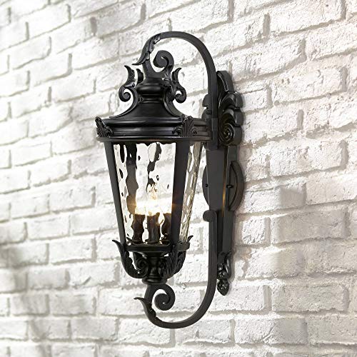 John Timberland Marseille Rustic Vintage Outdoor Wall Light Fixture Textured Black Scroll 27 1/2" Hammered Glass for Exterior House Porch Patio Outside Deck Garage Yard Front Door Garden Home