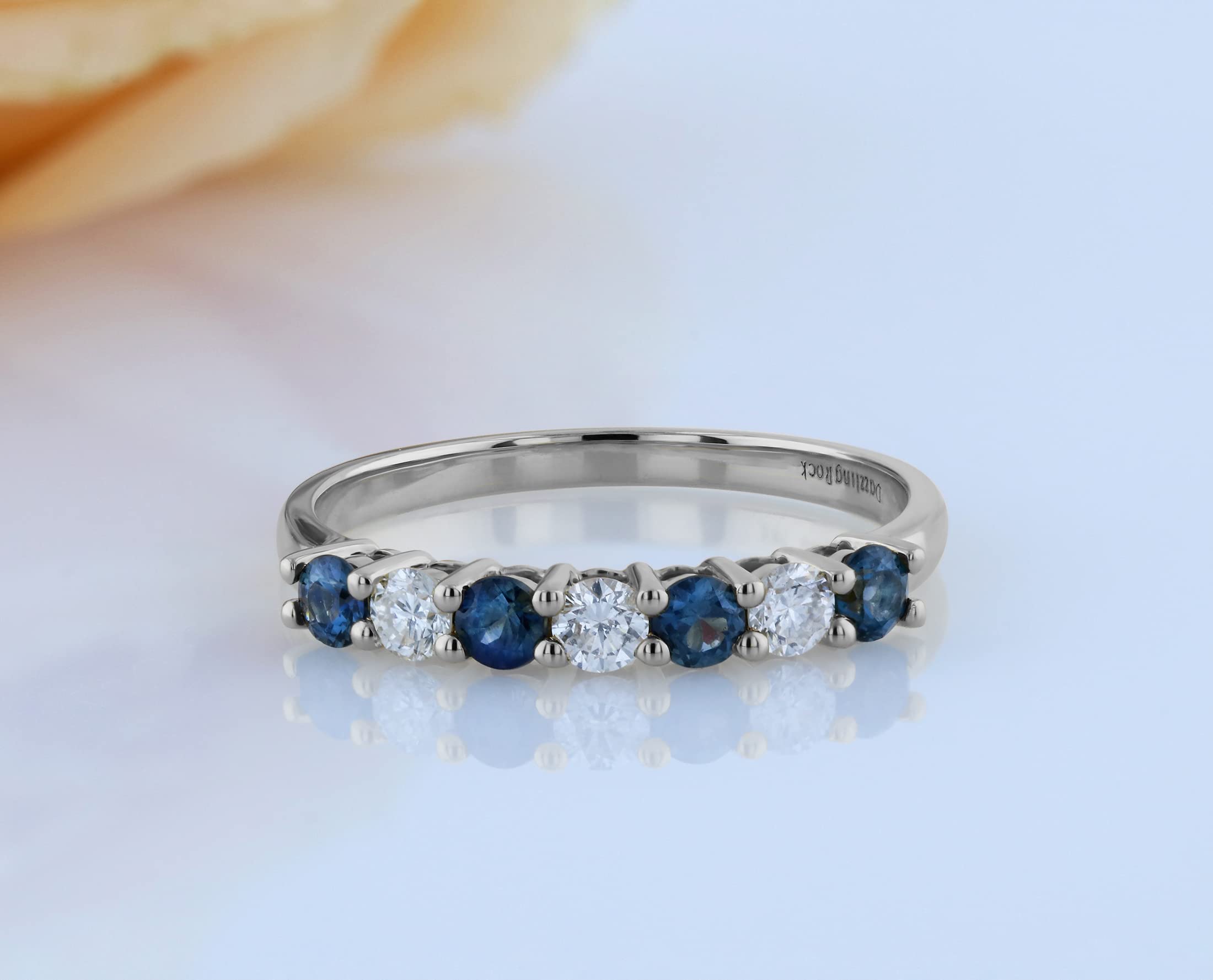 Dazzlingrock Collection 2.5mm Each Round Blue Sapphire & White Diamond 7 Stone Stackable Wedding Band for Women in 14K White Gold, Size 6.5