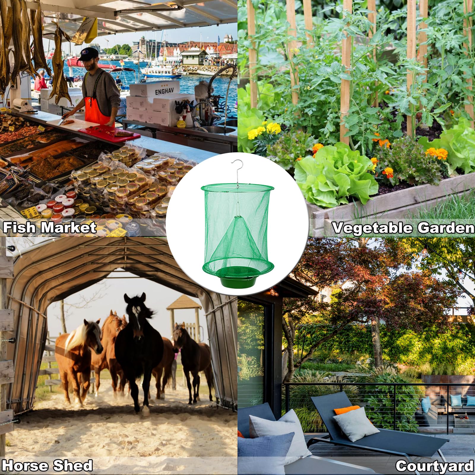 FOTWUZ 4 Pack Ranch Fly Traps - Reusable Fly Traps Outdoor Indoor Hanging,Stable Fly Traps with Bait-Tray Fly Catcher Cage Fly Net Bag for Farms,Park, Restaurants, Green